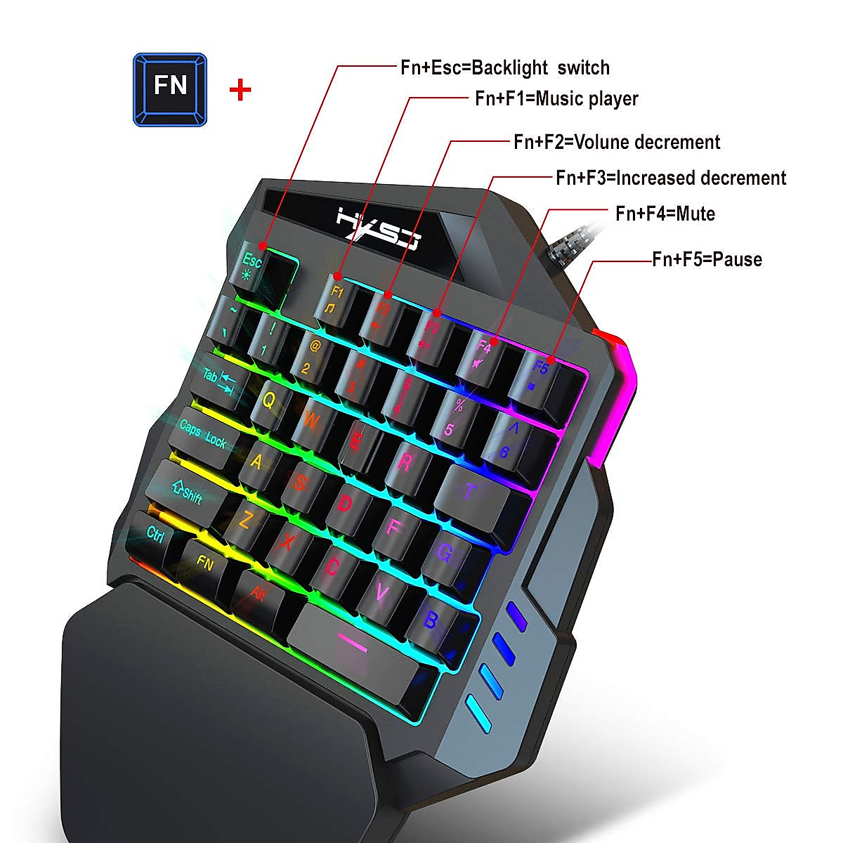 HXSJ V100 one-Handed Colorful Backlit Keyboard one Hand Mechanical Gaming Keyboard Mini Portable Wired Game Keyboard