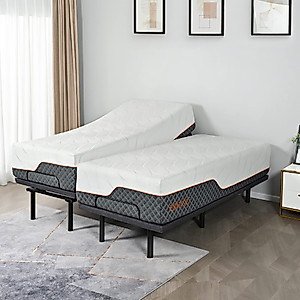 ESHINE 14" Hybrid Mattress Twin XL + Adjustable Bed Frame - Luxury Gel Memory Foam, Upholstered Bed Frames with Massage, USB, Under Bed Night Light, Head and Foot Incline, Split King