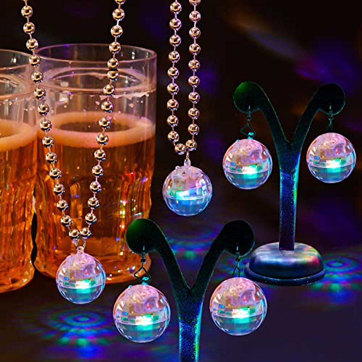 Sasylvia 4 Set LED Disco Party Favors, 2 Pcs Disco Ball Necklaces 70s Disco Party Necklaces 2 Pairs Light up Disco Ball Earrings Disco Ball Accessories for Women Dance Supply Decor