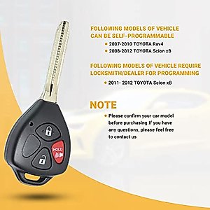 Key Fob Keyless Entry Remote Compatible with Toyota 2007-2010 Rav4丨2008- 2012 Scion xB 3 Buttons Car Key Replacement FCC:HYQ12BBY