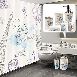Bathroom Accessories Set Complete with Paris Tower Shower Curtain,9 Piece Bathroom Sets with Toothbrush Holder,Toothbrush Cup,Lotion Soap Dispenser,Soap Dish,Toilet Brush,Trash Can,Qtip Holder