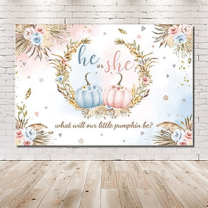 MEHOFOND 7x5ft Pumpkin Gender Reveal Backdrop Fall Autumn Pumpkin Boho Floral Gender Reveal Photography Background He or She What Will Our Little Pumpkin Be Party Decorations Banner Photo Studio Props