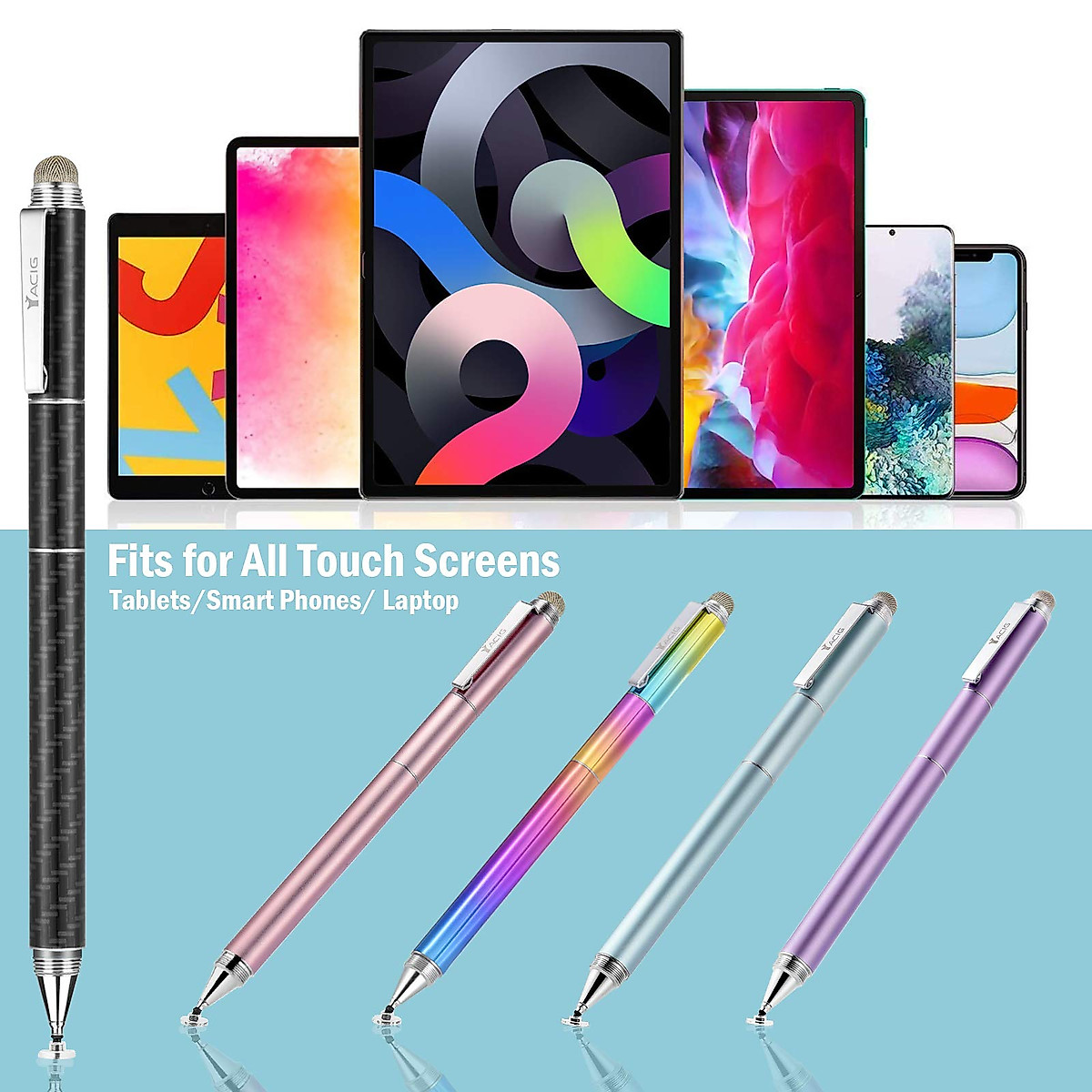 Yacig Capacitive Stylus Pen, 4-in-1 High Sensitivity and Precision Touch Screen Stylus Clear Disc Tip,Black Rubber Tip &Mesh Fiber Tip Compatible with Universal Touch Screen Device,Black