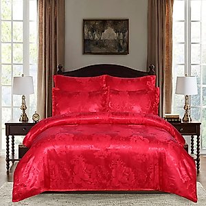 Satin Duvet Cover Queen Size, Floral Jacquard Satin Duvet Cover Set 3 Piece Luxury Silk Like Bedding Comforter Cover Set 90"x90", 2 Piece Pillowcase with Zipper Closure & Corner Ties (04,Queen)
