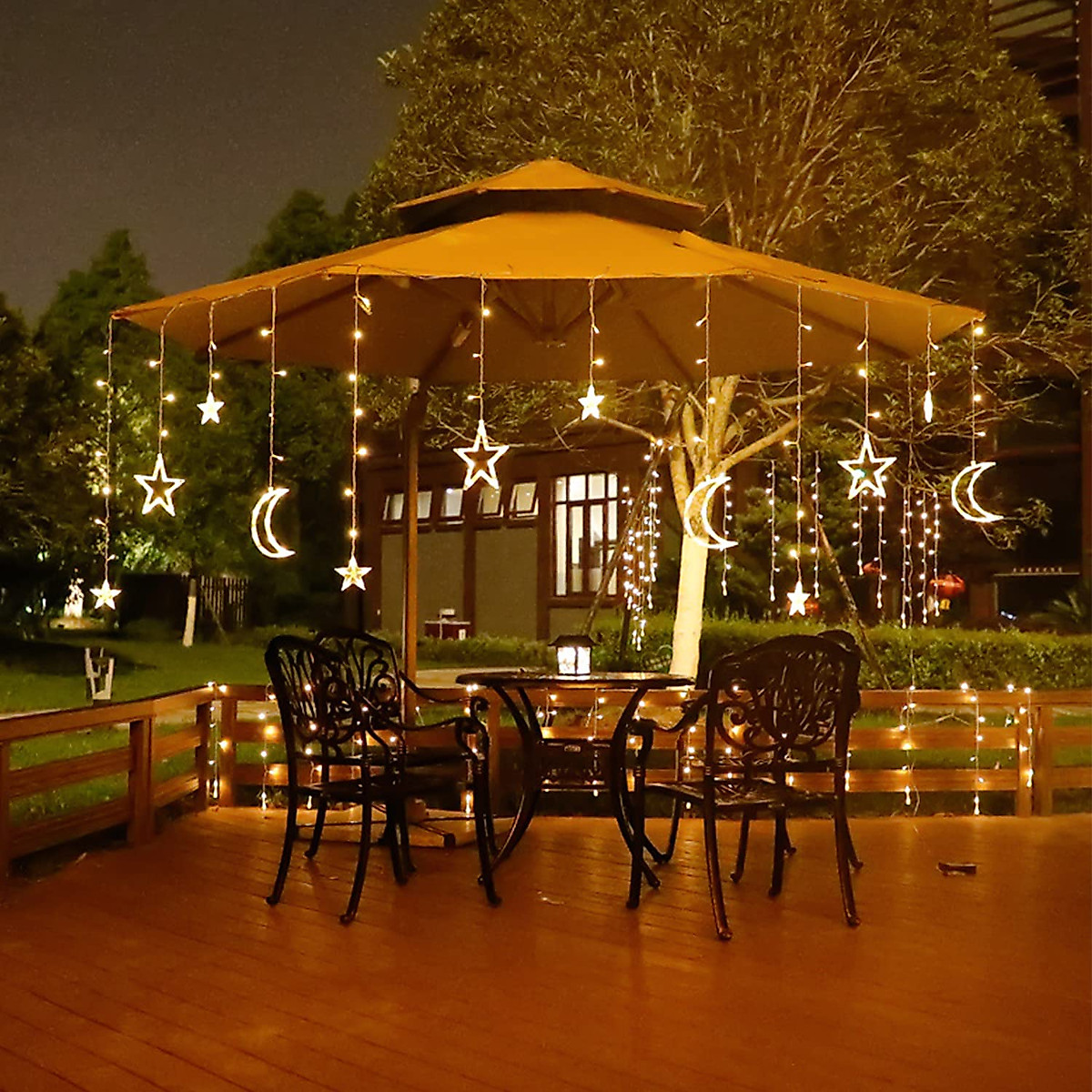 CSX Solar String Lights 138LED Moon Star Twinkle Lights with Remote 8 Lighting Modes Curtain Lights Window Lights Hanging Fairy Lights Outdoor Waterproof for Yard Garden Patio Ramadan Christmas Decor