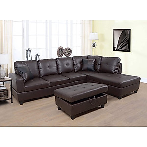 A Ainehome Sectional Sofa Faux Leather Modern L Shaped Couch Set 103.5”Wide Including Chaise and 3 Seating Sofa with Storage Ottoman for Living Room Furniture (Right Hand Facing, B-Brown)