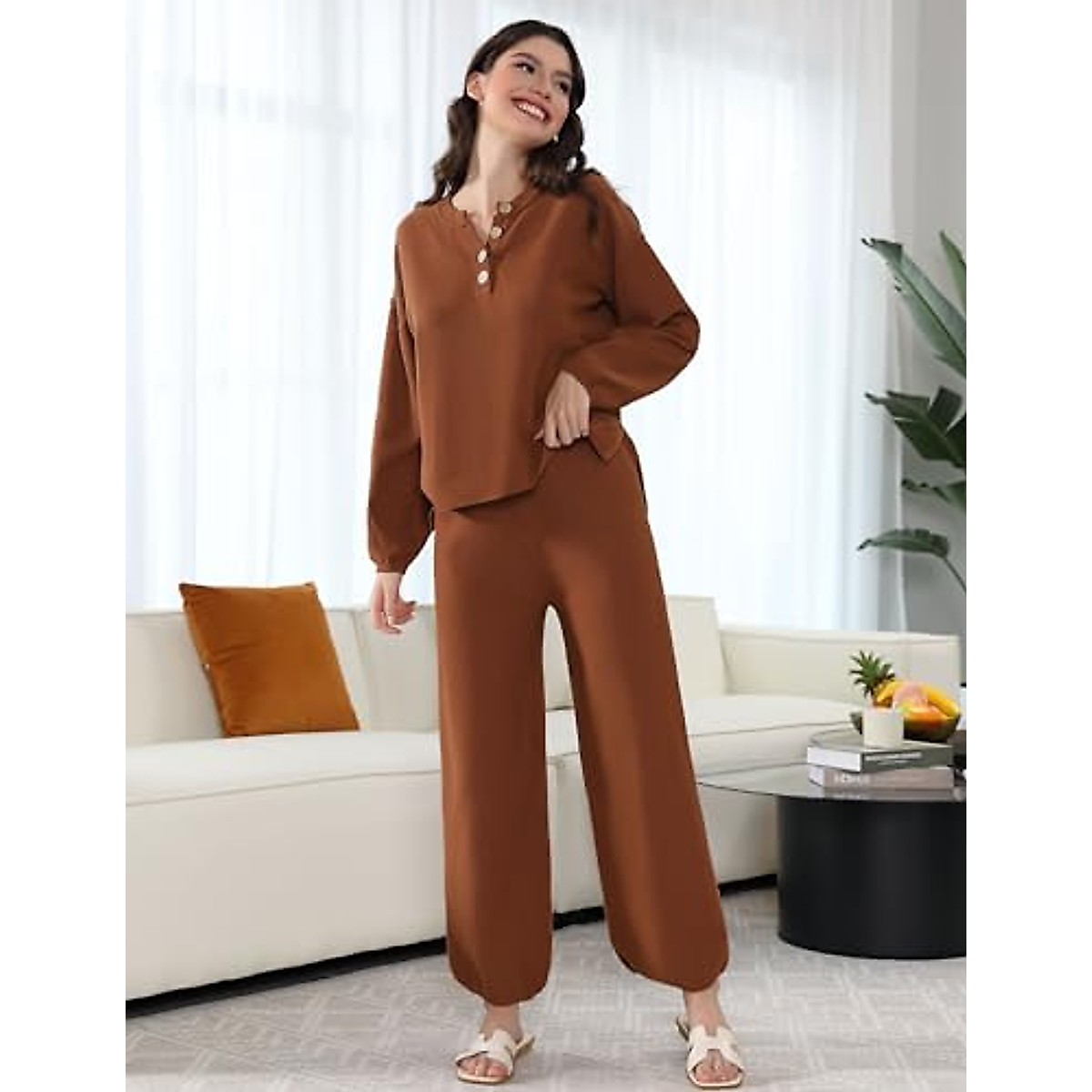 Jawmeu Sweater Sets Women 2 Piece Outfits Cozy Long Sleeve Knit Sweater Top Wide Leg Pants Lounge Sets(Caramel02-XL)