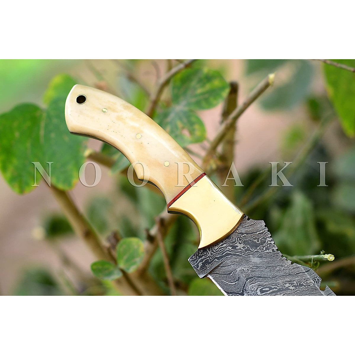Nooraki - 11-inch | Fire Pattern Custom Handmade Damascus Tracker Knife with Camel Bone Handle Hunting knife, Camping knife, Bushcraft Knife, Survival Knife, Full Tang With Sheath #333