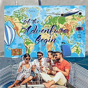 Adventure Awaits Backdrop Travel Themed World Map Photography Background Let The Adventure Begin World Travel Graduation Birthday Baby Shower Party Decorations Banner (6x4ft(70x40inch))