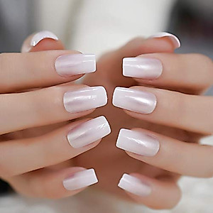 EchiQ Pearl Shine Glossy Fake Nails Shimmer White Square French Nail Ombre Faux Ongles Gradient Medium Fingernails with Gluetabs