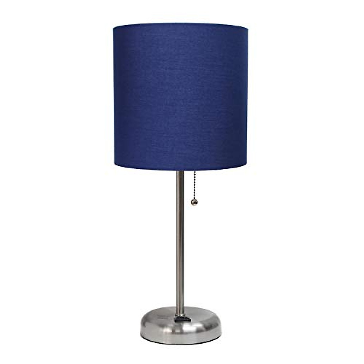 Limelights LT2024-NAV Brushed Steel Stick Table Desk Lamp with Charging Outlet and Drum Fabric Shade, Navy, 8.5 x 8.5 x 19.5