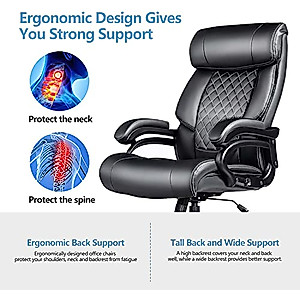 Big and Tall Office Chair, Computer Desk Chair with High Back, Office Chairs for Heavy People, PU Leather Home Office Desk Chair for Bedroom, 360°Rotating Heavy Duty Office Chair, Black