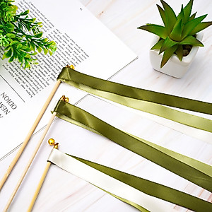 Whaline 40Pcs Wedding Ribbon Sticks with Bells White Sage Green Streamers Fairy Stick Wands Ribbon Tassel Wands for Baby Shower Send Off Party Activities Holiday Celebration Supplies