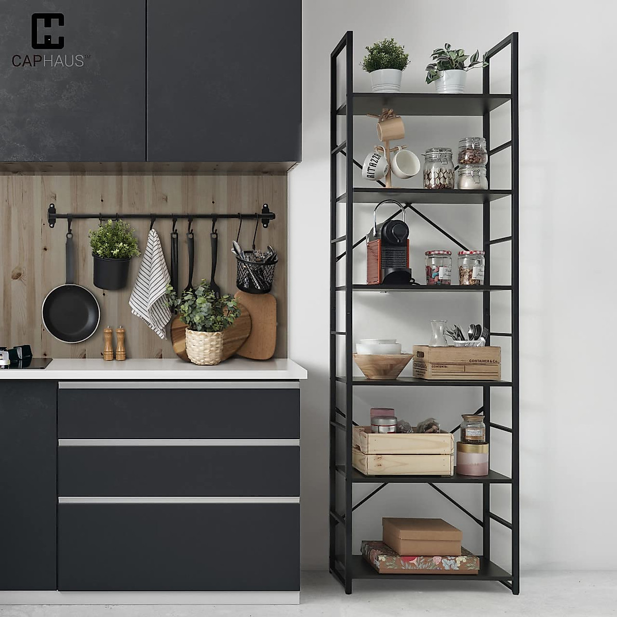 CAPHAUS 6 Tier Bookshelf, 24 Inch Width Free Standing Shelf, Bookcase Shelf Storage Organizer, Industrial Book Shelves for Home Office, Living Room, Kitchen, Black Shelves & Metal Frame