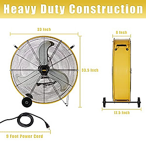 HiCFM 13000 CFM 30 inch Heavy Duty High Velocity Barrel Floor Drum Fan With Powerful 1/3HP Motor, 9ft Power Cord for Workshop, Garage, Commercial or Industrial rooms - UL Safety Listed