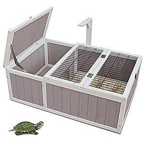 HiCaptain Tortoise House Turtle Habitat Enclosure Wooden Small Animal Hutch Indoor-Outdoor
