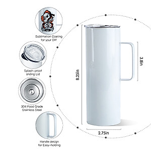 AGH Sublimation Tumblers with Handle 20oz Sublimation Blanks 4 Pack Skinny Straight Stainless Steel Vacuum Insulated Tumblers with Lids and Straws Keep Cold 24 Hours (White)