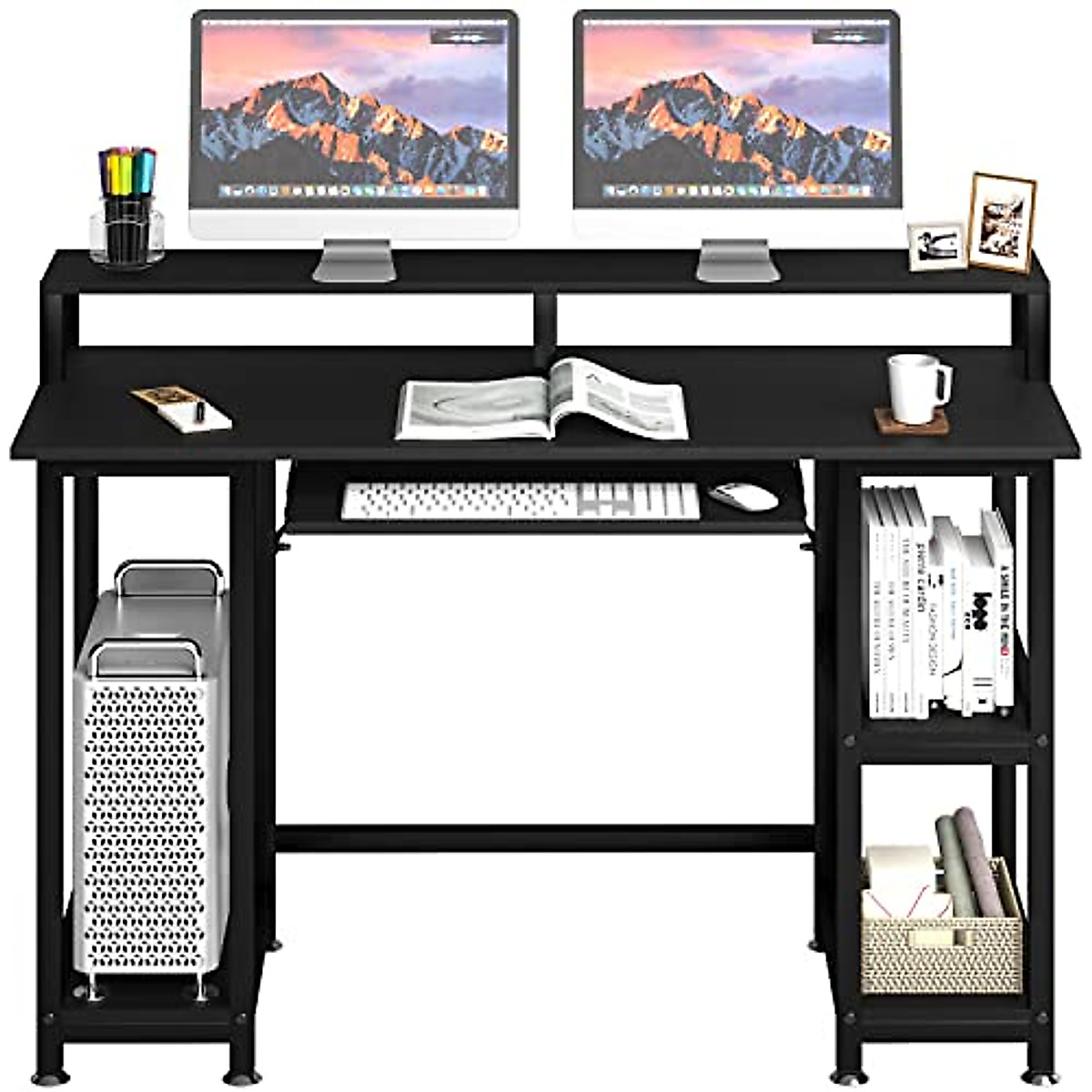 JSungo Small Computer Desk with Monitor Stand, 47 Inch Home Office Desk with 2 Tier Storage Shelf for Small Space, Sturdy Writing Gaming Table with Keyboard Tray and CPU Shelf, Black