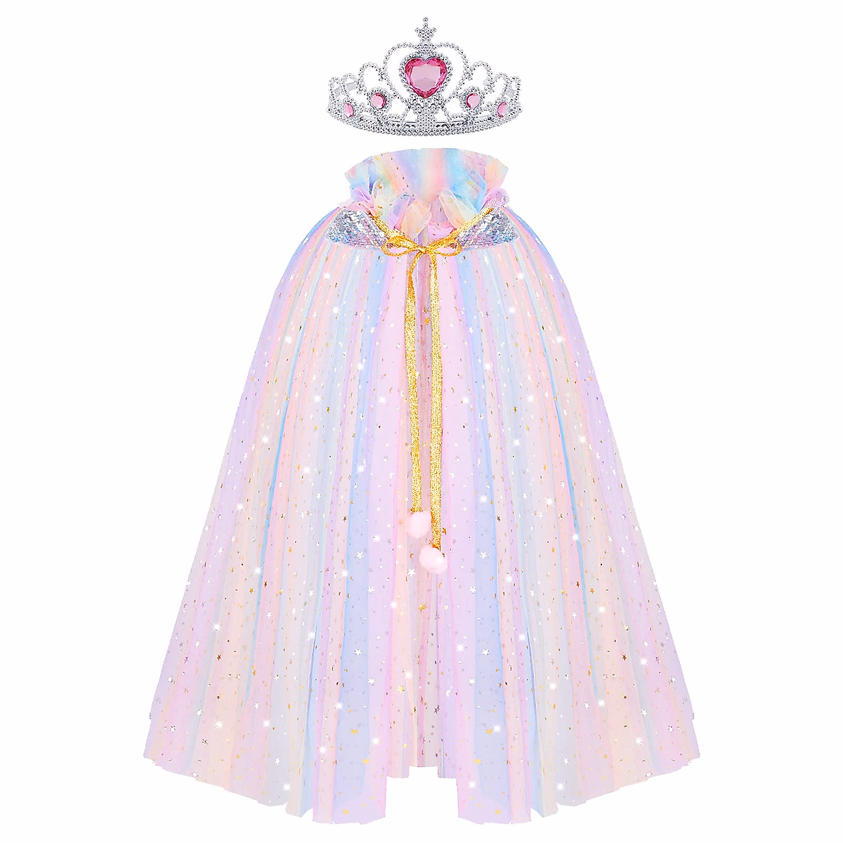 AOOWU Princess Cape for Girls, Colorful Princess Cloak with Crown, Princess Fancy Dress Up Sparkling Sequins Tulle Princess Cape Set for Birthday Party Cosplay (Rainbow, M)