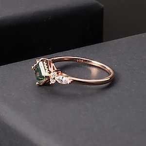Gem's Beauty Birthday Gifts for Her 0.63CT Square Shape Natural Moss Agate There Stone Engagement Ring in 925 Sterling Silver Women's Gold Ring(Size7)