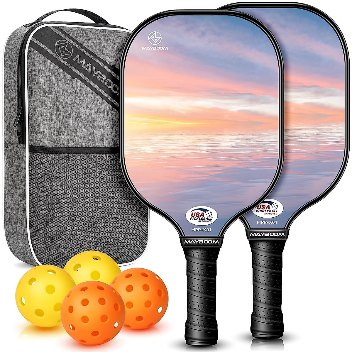 Pickleball Paddles Set of 2 or 4, USAPA Approved Pickleball Paddles Set with 4 Pickleball Balls and Pickleball Carry Bag, Fiberglass Pickle Ball Rackets 2 Pack Gifts for Beginners&Pros(Sunglow 2)