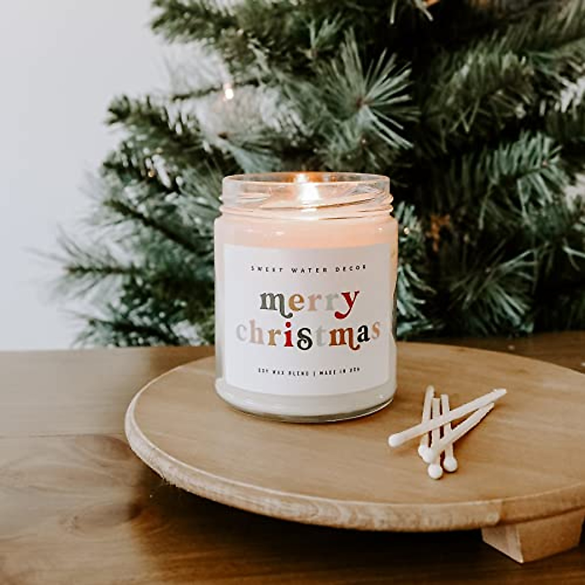 Sweet Water Decor Merry Christmas Soy Candle | Apple Cider, Cinnamon, Fresh Cut Christmas Tree and Cookies Scented Candles for Home | 9oz Clear Jar, 40+ Hour Burn Time, Made in The USA