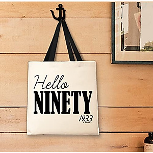 90th Birthday Decorations For Men Hello Ninety 1933 Black Handle Canvas Tote Bag