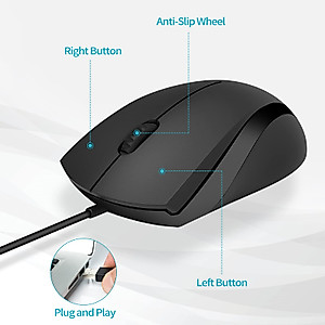 Rapoo Silent Wired Mouse, 1000 DPI 5ft Cord Quiet Button Optical Computer Mouse, Left Right Hand Use, for Laptop Chromebook Mac Notebook, Matte Black
