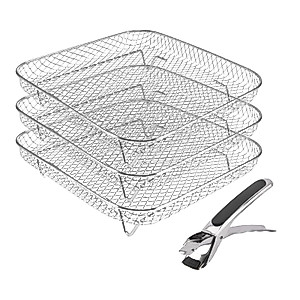 Square Air Fryer Rack,3 Layer Stainless Steel Stackable Dehydrato-r Rack with An-ti-scalding Clip,Stainless Steel Multi-Layer Dehydrato-r Rack Air fryer Accessories(Silver)