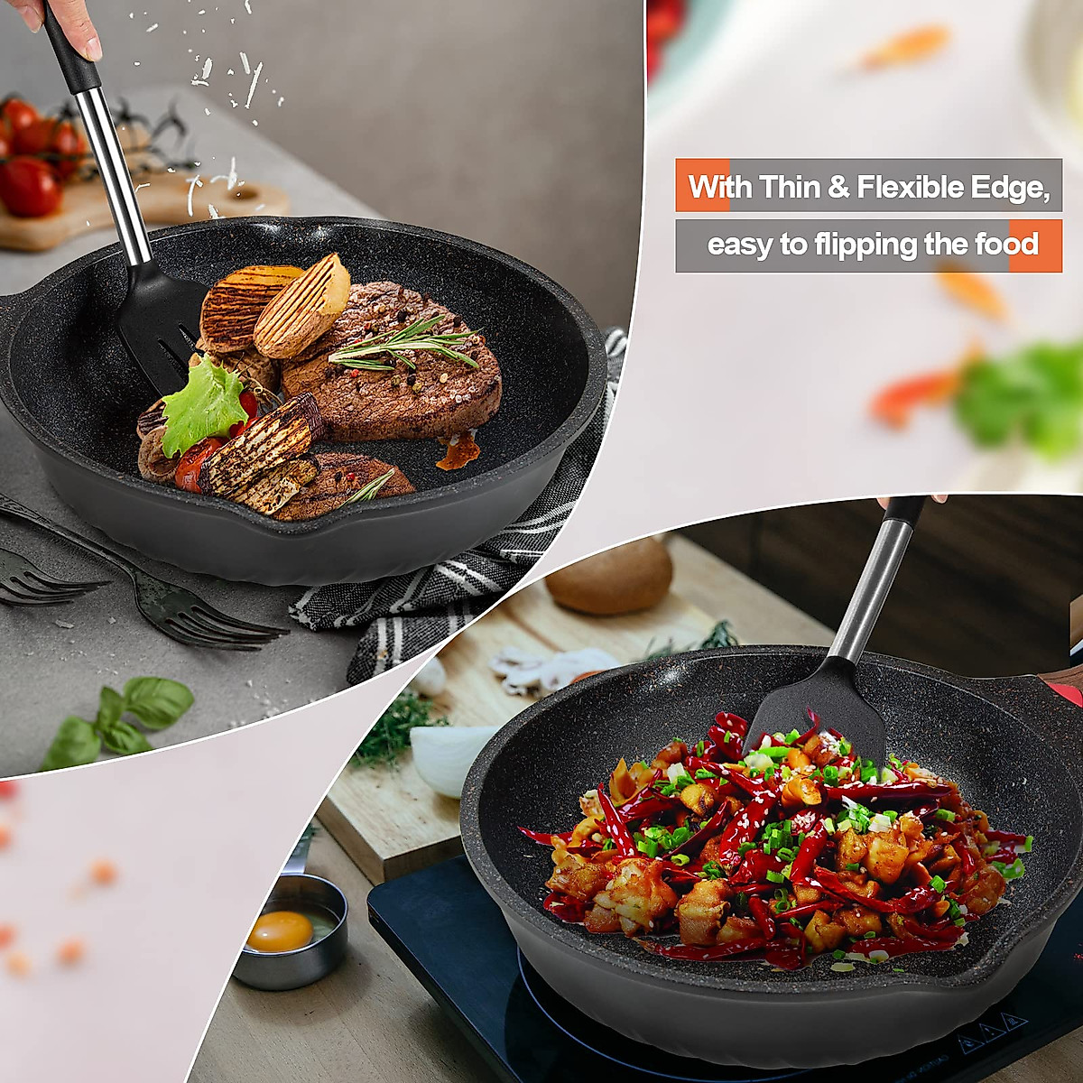 3 Pack Silicone Spatulas, Solid & Slotted Turner Spatula Set for Nonstick Cookware, High Heat Resistant BPA Free Rubber Kitchen Cooking Utensils, Idea for cooking Fish, eggs, steak, Baking - Gray