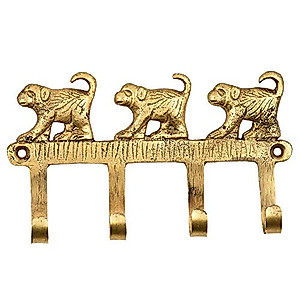IndianShelf Keys Hanging | Gold Wall Mounted Coat Hooks | Brass Backpack Hooks | Monkeys Four Prong Coat Hooks | Bathroom Wall Hook | Coat Rack Wall [15.75 cm]