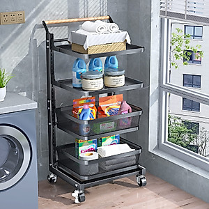 4 Tier Rolling Cart, Hanging Adjustable Utility Cart for Kitchen Pot Holder Office Laundry Bathroom, Black