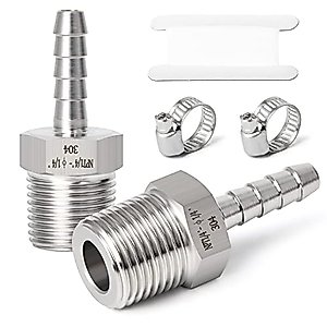 TAISHER 5PCS Forging of 304 Stainless Steel of Air Hose Fittings, Hose Barb Fittings 1/4" Barb x 1/4" MNPT Pipe Adapter with 5PCS Hose Clamp