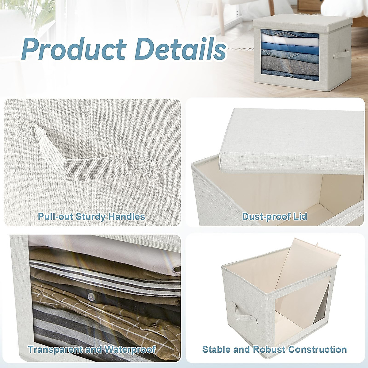 Bellzacasa Large Collapsible Storage Bins with Lids, 3 Pack Foldable Clear Window Storage Boxes with Handles, Linen Fabric Storage Cubes Baskets Organizer Containers, Beige, 15.8x11.8x11.8”