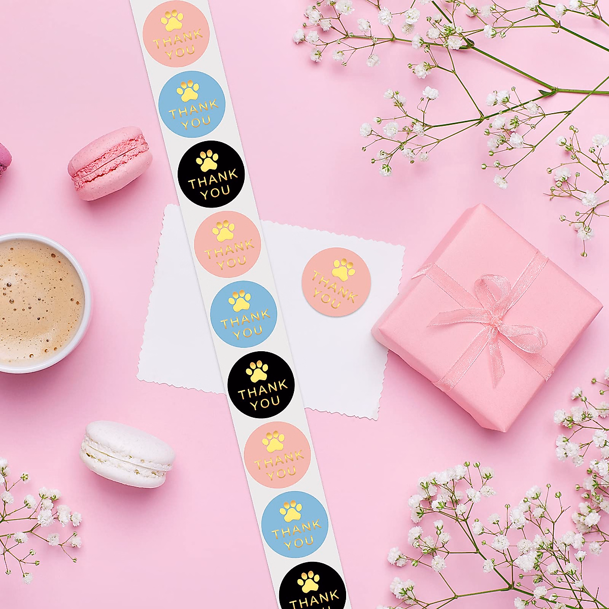 500 Pieces Paw Print Thank You Labels Stickers 1.5 Inch Round Dog Paw Print Stickers Gold Foil Thank You Labels Small Business Stickers Self-Adhesive Appreciation for Bags Cards Package Party