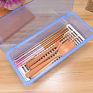 UPKOCH Flatware Tray with Lid Kitchen Cutlery Organizer Drainer Box Plastic Utensil Storage Container Silverware Dinnerware Holder for Countertop Blue