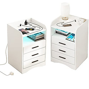 Vabches White Nightstand Set of 2 with Charging Station & LED Lights, 3 Drawers nightstand, Bed Side Table Night Stand for Bedroom Living Room, Wood Side Table