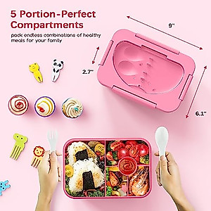 Lunch Box Kids, Bento Box, 1350ML Bento Lunch Box for Kids, Lunch Containers with 5 Compartments Utensils Food Picks Cake Cups, Leak-proof Bento Box Adult Lunch Box for Boys Girls Toddler, Pink