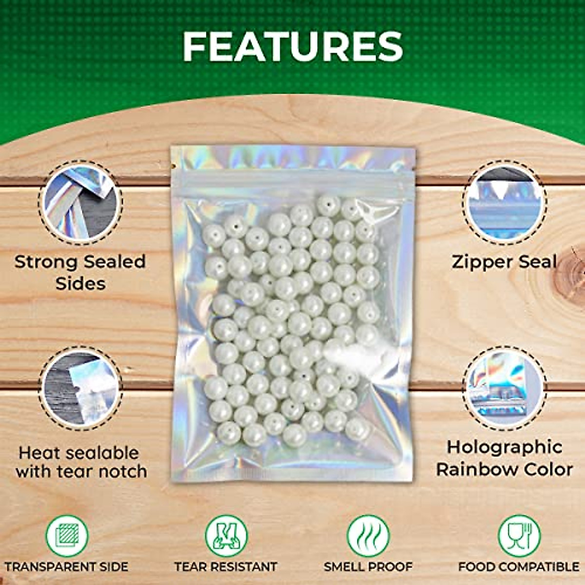 Resealable Mylar Bags for Food Storage (5x8 Inch-100 Pack _ Holographic)