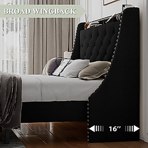 Feonase Queen Platform Bed Frame with Type-C & USB Charging Station, Upholstered Wingback & Storage Headboard, Solid Wood Slats, No Box Spring Needed, Easy Assemble, Black