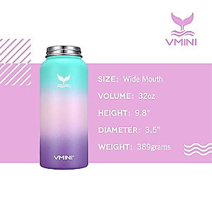 Vmini Water Bottle with New Wide Handle Straw Lid, Wide Mouth Vacuum Insulated 18/8 Stainless Steel, 32 oz, Gradient Mint + Pink + Purple