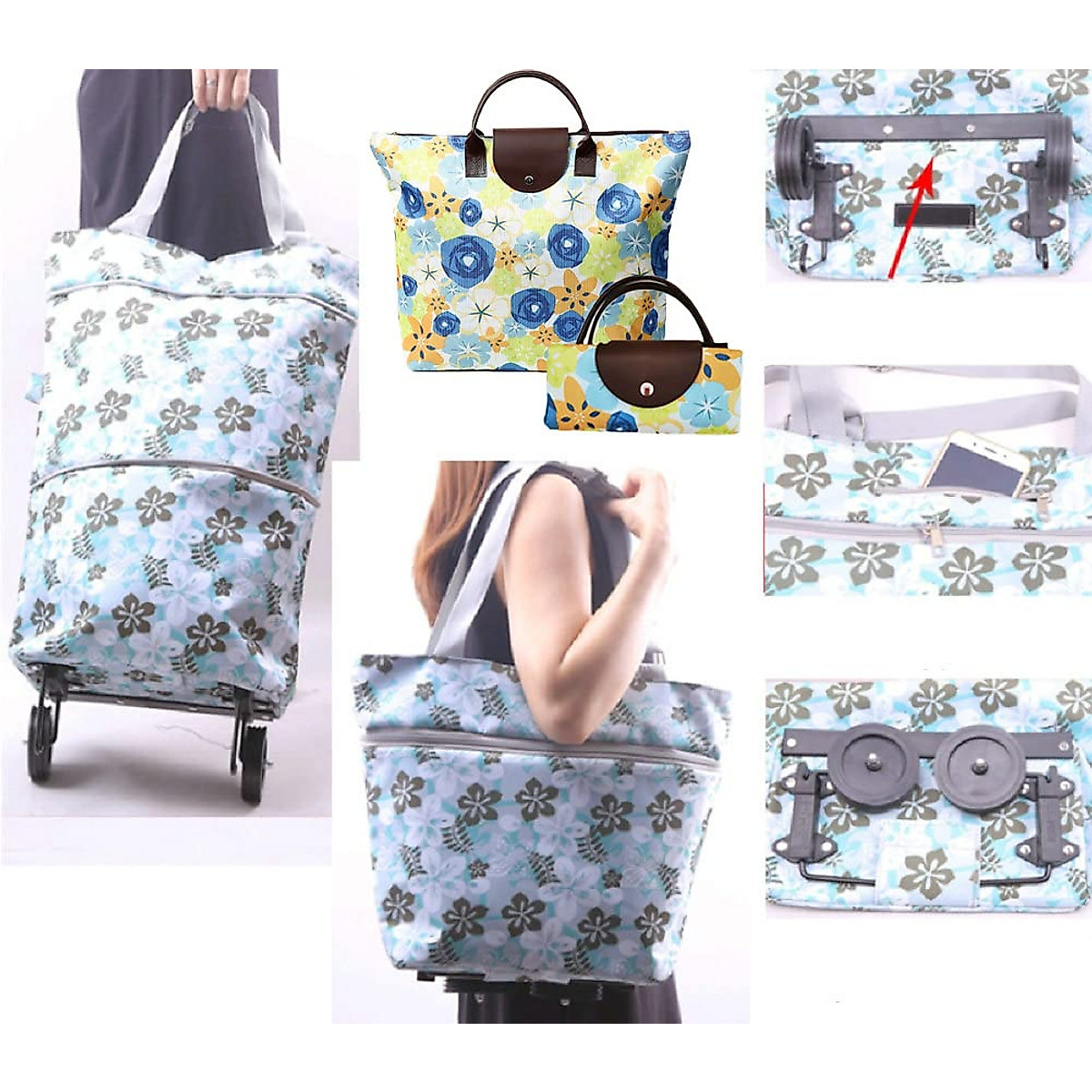 Upgrade Shopping Bag with Wheels Portable Trolley Bags Grocery Cart Hand Pulling Utility with Hand Straps Folding Shopping Cart- Larger Size & Waterproof & Strong（B0BDKBVK1Y）