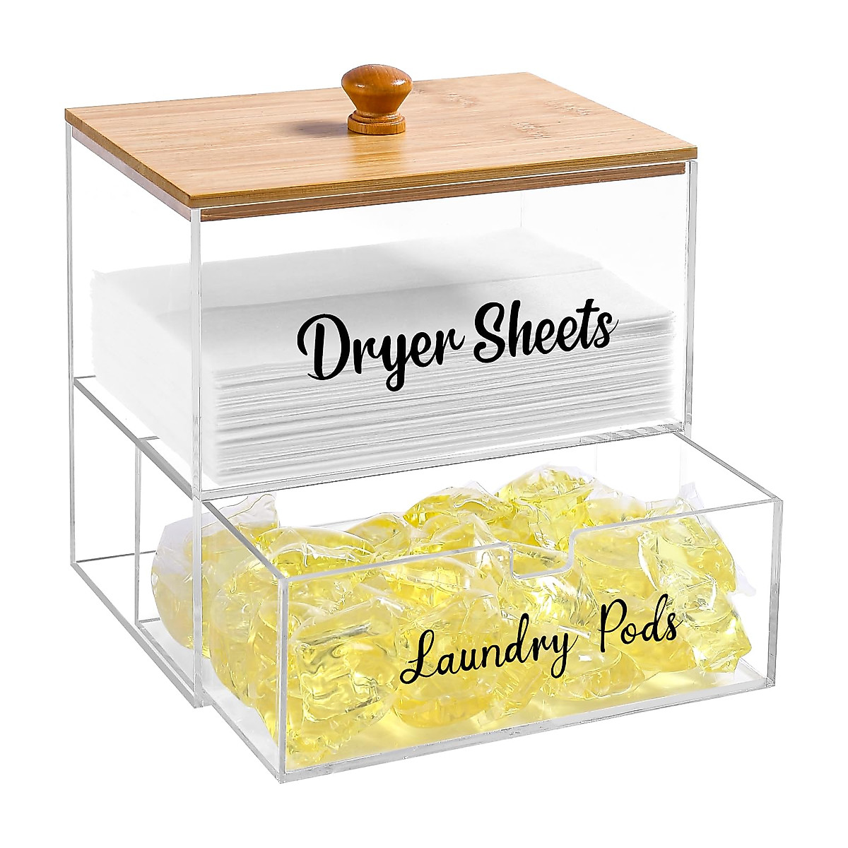 VOTLEVT Acrylic Laundry Pods Contianer and Dryer Sheet Holder Set with Bamboo Lid, Dishwasher Pods Container, Laundry Pods Holder, Laundry Soap Organizer, Laundry Room Organization and Storage
