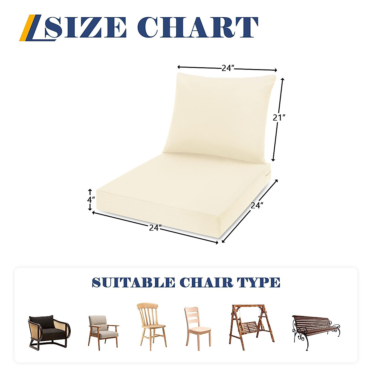 Topotdor Outdoor Seat Cushions for Patio Furniture,Waterproof Outdoor Deep Seat Cushion and Back Cushion Washable Removable Cover with Adjustable Straps for Chair Sofa Couch,24"x24" Beige