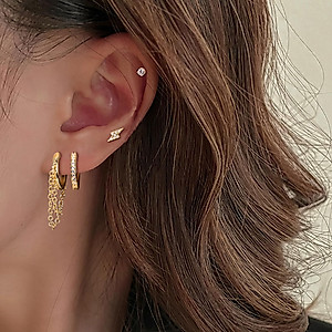 FASACCO 18K Gold Plated Chain Earrings Set: 12Pcs Stainless Steel Hoop, Stud, Pearl, Moon & Star Dangle Earrings for Multiple Piercings