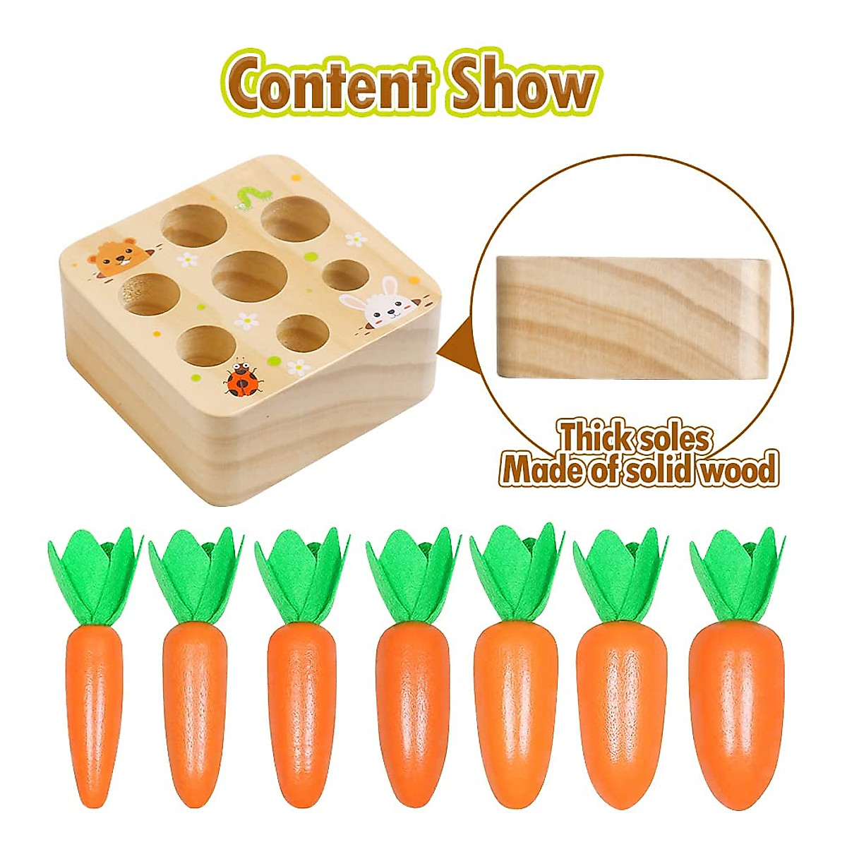 Wooden Toys for 1 2 3 Year Old Baby Boys and Girls, Montessori Toy Carrot Harvest Game Shape & Sorting Matching Puzzle, Educational Developmental Birthday Gifts for Babies Toddlers Kids 12 Months