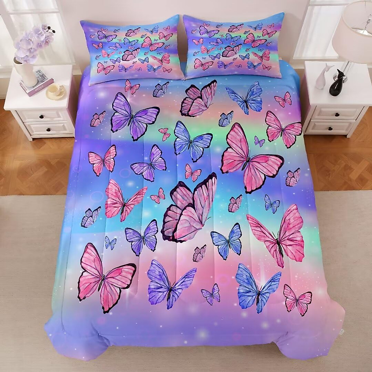 GRAT TIOC Girls Rainbow Butterfly Comforter Set Twin Size,Teen Girls Butterfly Bedding Set,Glitter Butterfly Bed Set Soft Lightweight Microfiber Bedroom Decorations with 2 Pillowcases