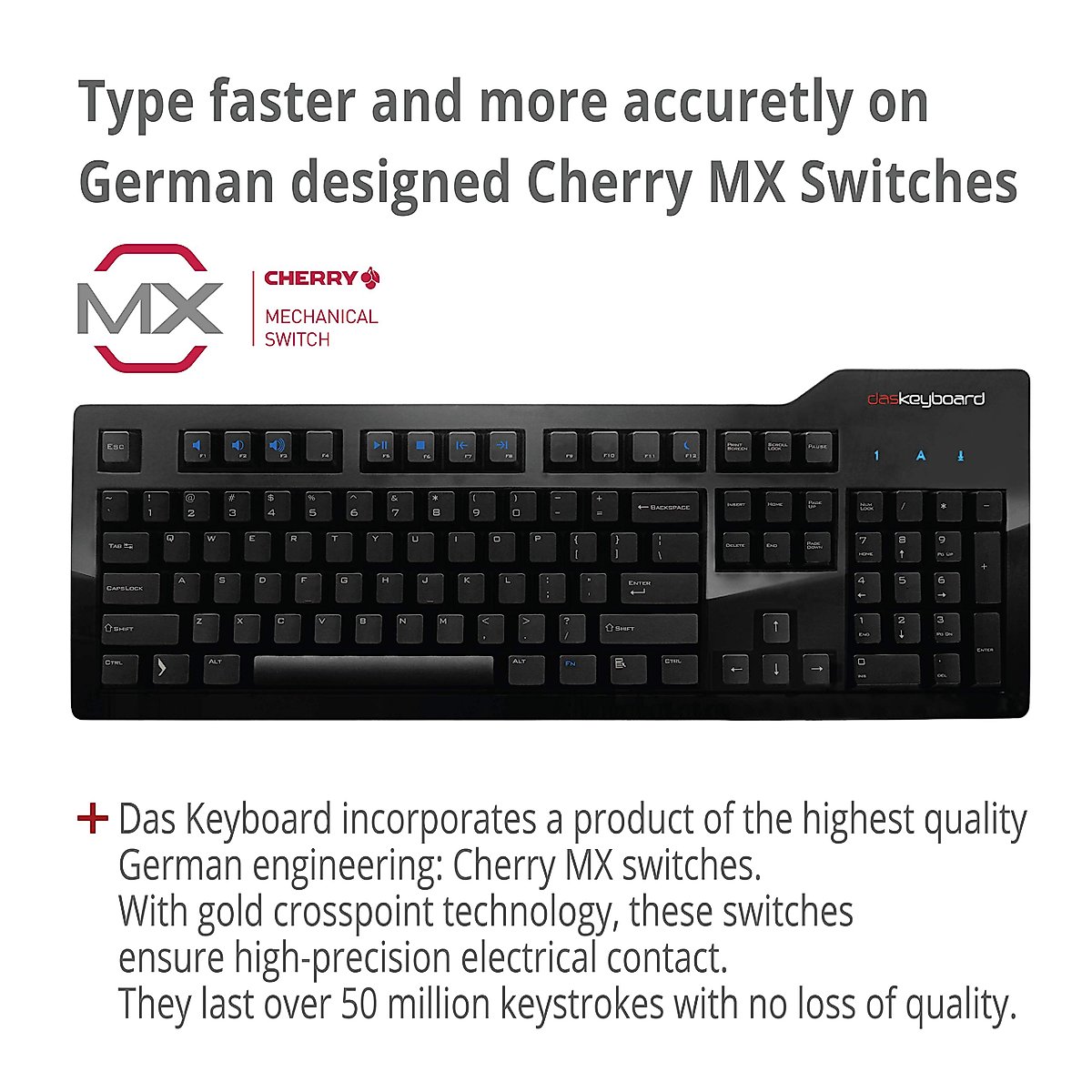 Das Keyboard Model S Wired Mechanical Keyboard, Cherry MX Blue Mechanical Switches, 2-Port USB Hub, Laser Etched Keycaps (104 Keys, Black)