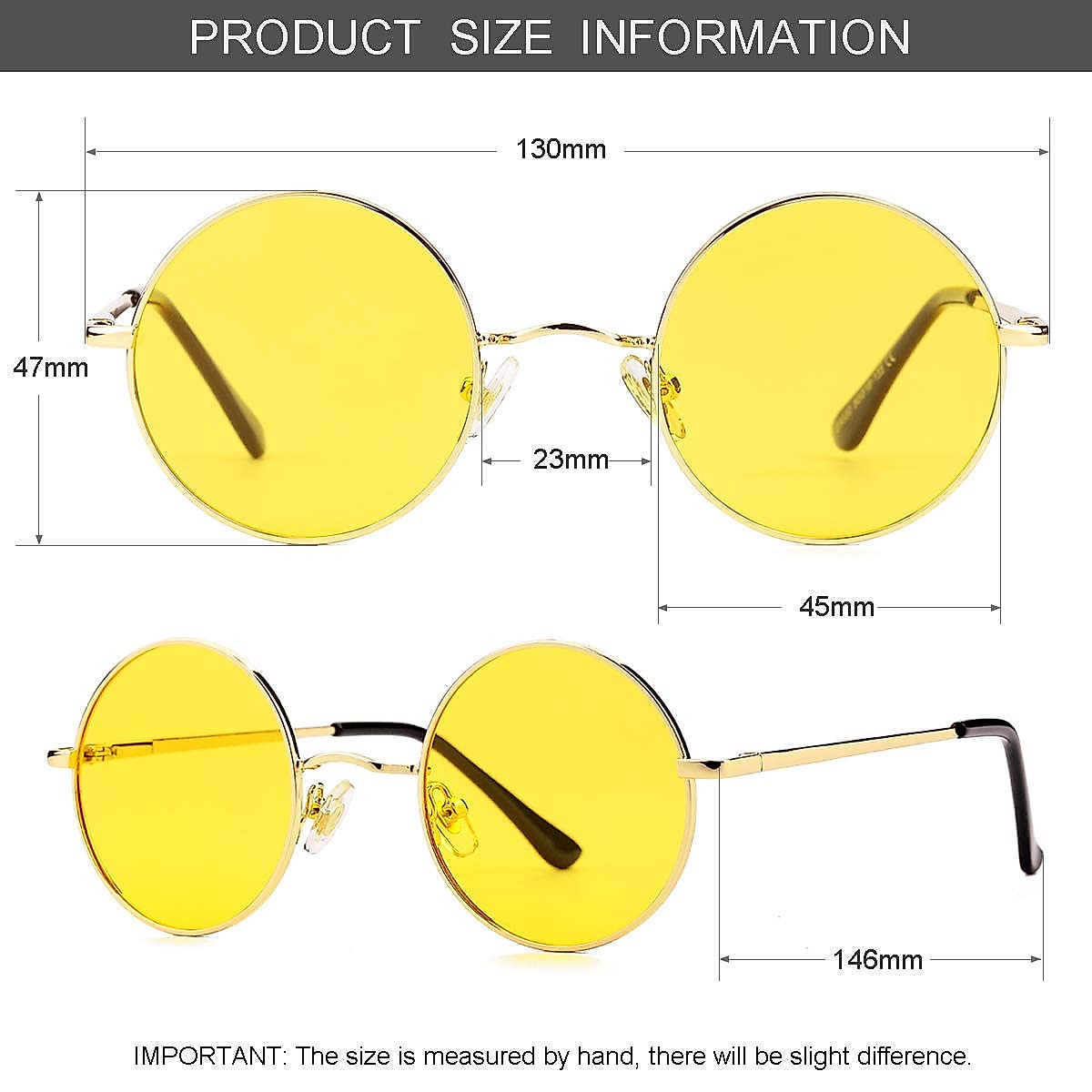 Gleyemor Polarized Round Sunglasses for Men Women Hippie Small Circle Glasses Red Yellow Lenses (Gold/Clear Yellow)