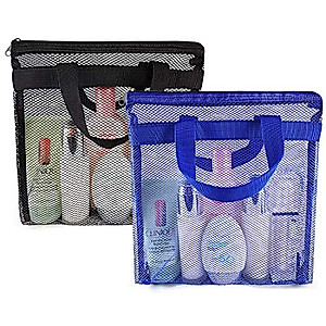 2 Pcs Portable Shower Mesh Caddy Bag Quick Dry Hanging Toiletry and Bath Organizer for Travel and Swimming with Zipper (Dark Blue-Black)